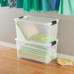 Sterilite 70 Qt Ultra Latch Box, Stackable Storage Bin with Latching Lid, Organize Clothes, Sport Gear in Basement, Clear with White Lid, 8-Pack