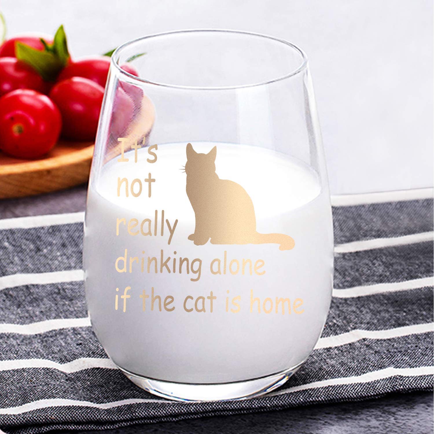 GINGPROUS It's Not Really Drinking Alone if the Cat is Home Stemless Wine Glass, Funny Cat Lover Wine Glass for Women Cat Lady Friends Sisters Mom Grandma, Wine Glass for Birthday Christmas, 15 Oz