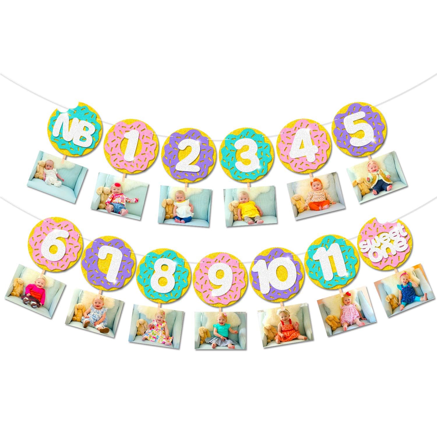 Levfla Donut Baby First Birthday Photo Banner Glitter Sweet One Doughnut Sprinkles Kids Monthly Milestone Photo Props Cake Smash Ideas Party Decoration Supplies