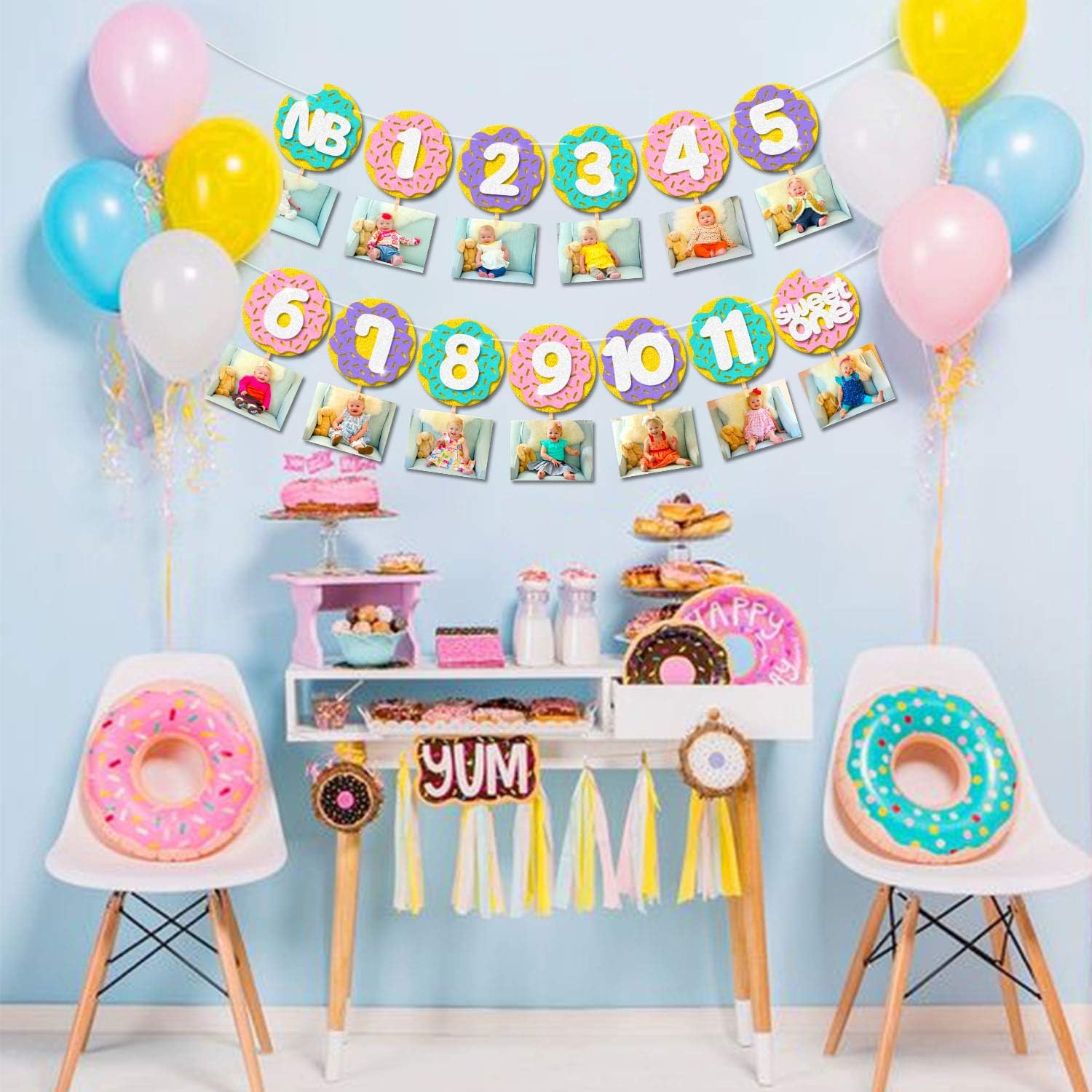 Levfla Donut Baby First Birthday Photo Banner Glitter Sweet One Doughnut Sprinkles Kids Monthly Milestone Photo Props Cake Smash Ideas Party Decoration Supplies