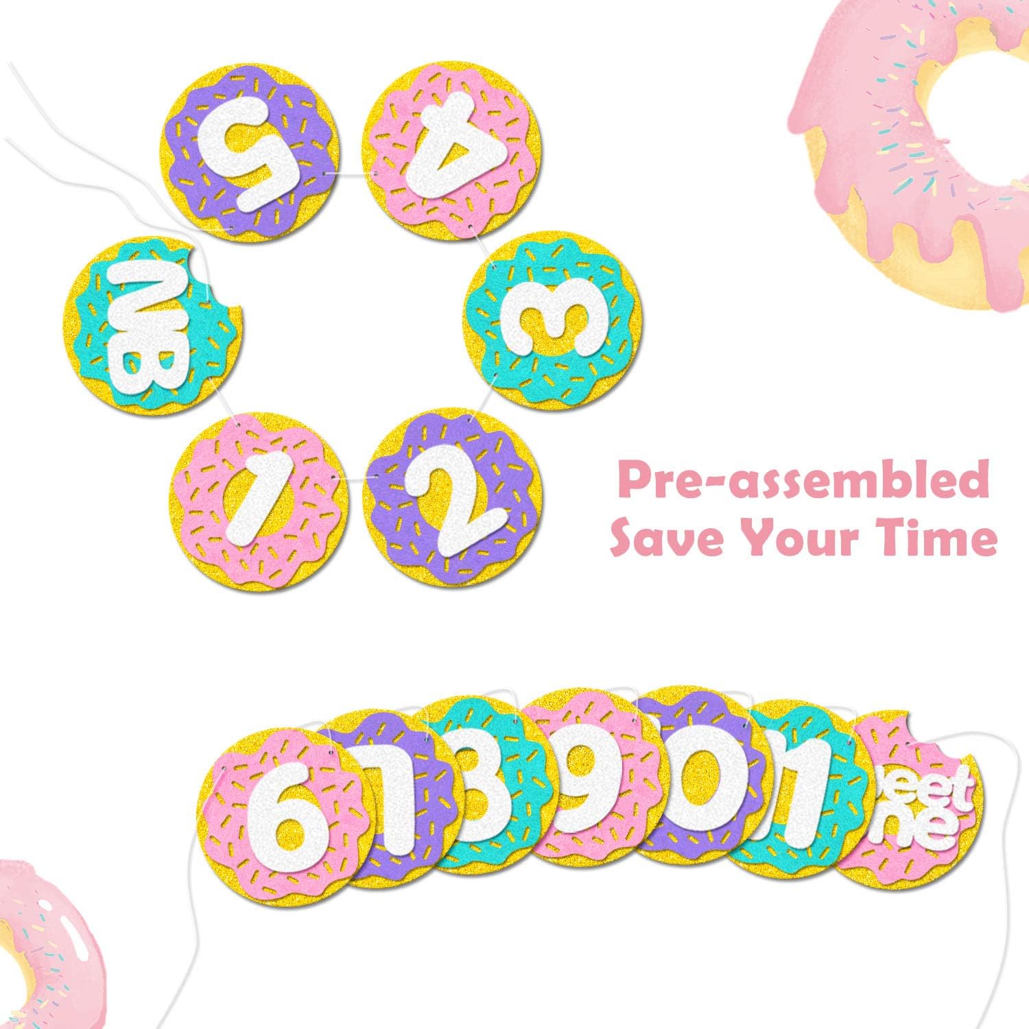 Levfla Donut Baby First Birthday Photo Banner Glitter Sweet One Doughnut Sprinkles Kids Monthly Milestone Photo Props Cake Smash Ideas Party Decoration Supplies