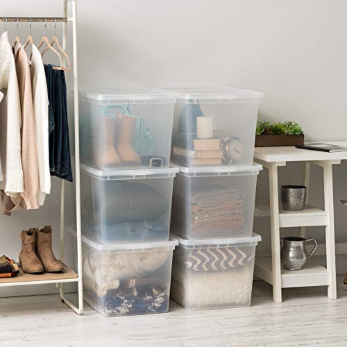 IRIS USA 68 Qt Clear Storage Box, BPA-Free Plastic Stackable Bin with Lid, 6 Pack, Containers to Organize Closet Shelves, Clothes, Blankets, Towels