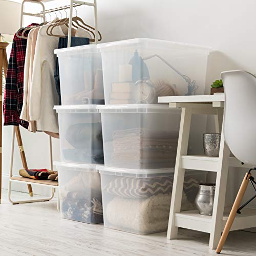 IRIS USA 68 Qt Clear Storage Box, BPA-Free Plastic Stackable Bin with Lid, 6 Pack, Containers to Organize Closet Shelves, Clothes, Blankets, Towels