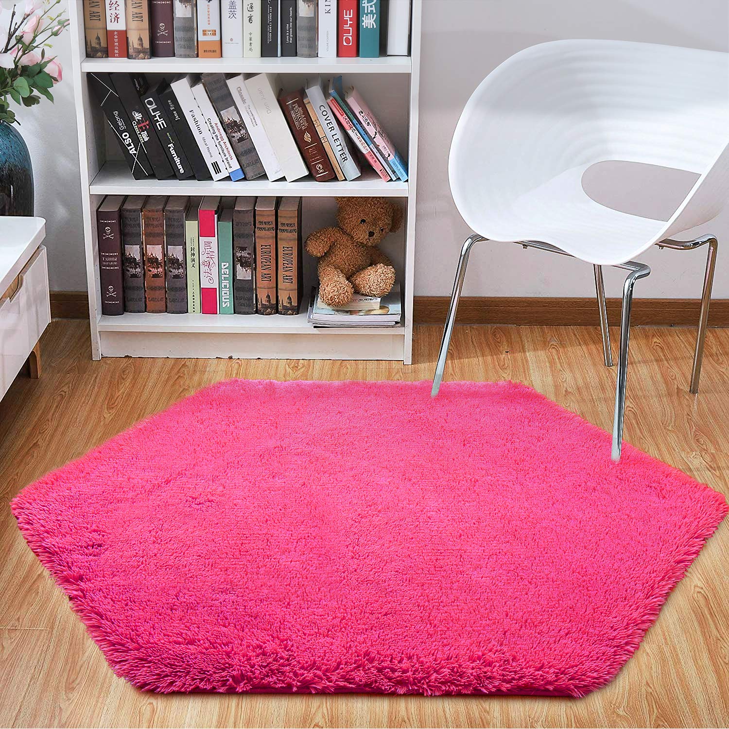 junovo Ultra Soft Rug for Nursery Children Room Baby Room Home Decor Dormitory Hexagon Carpet for Playhouse Princess Tent Kids Play Castle, Diameter 4.6 ft, Hot-Pink