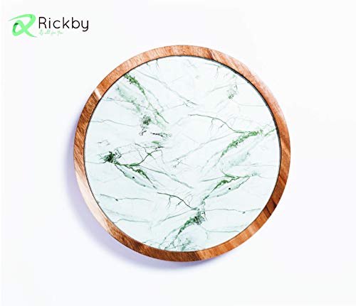 12" Acacia Wood Lazy Susan Turntable for Table Top With Removable Marble Texture Glass Plate for Dining Table Turntable Wooden Lazy Susan for Countertop