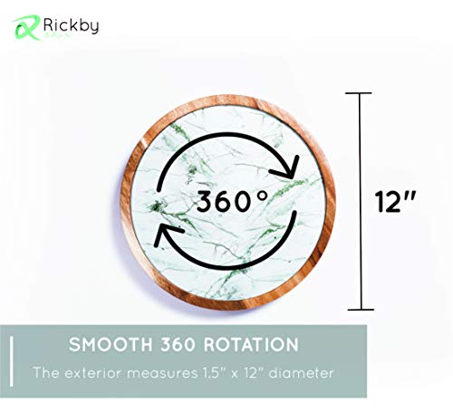 12" Acacia Wood Lazy Susan Turntable for Table Top With Removable Marble Texture Glass Plate for Dining Table Turntable Wooden Lazy Susan for Countertop