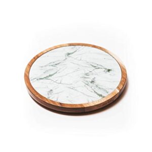 12" Acacia Wood Lazy Susan Turntable for Table Top With Removable Marble Texture Glass Plate for Dining Table Turntable Wooden Lazy Susan for Countertop