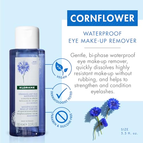 Klorane - Waterproof Eye Makeup Remover With Organically Farmed Cornflower - Sensitive Skin Approved -Fragrance Free & Paraben-Free - Vegan - 3.4 fl. oz.