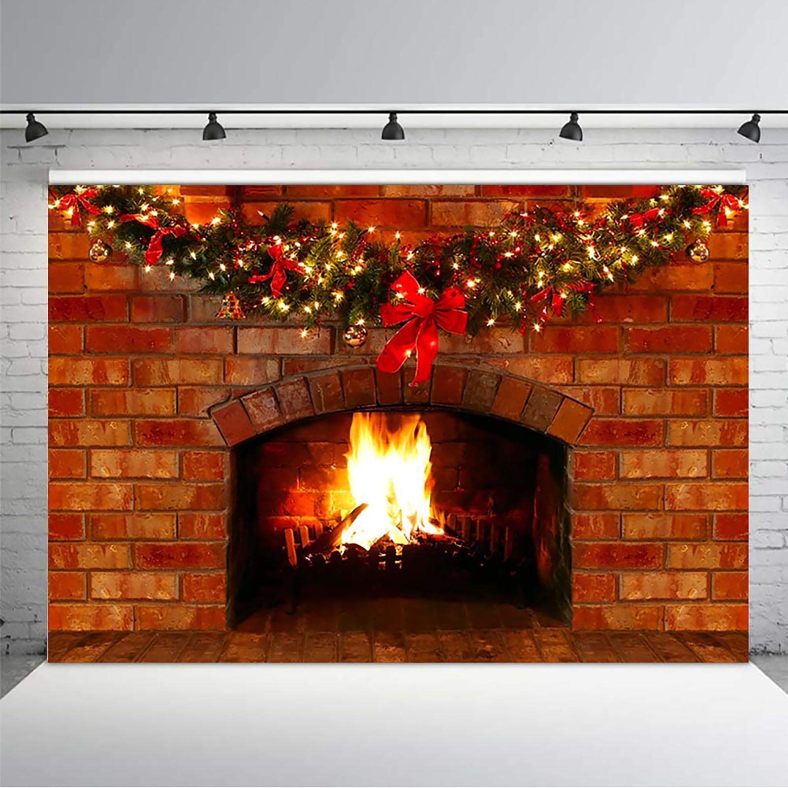 COMOPHOTO Christmas Fireplace Backdrop for Photography 7x5ft Red Brick Fireplace Decorations for Xmas Party Photo Background Pictures Studio Props