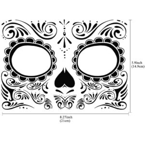 COKOHAPPY Day of the Dead, Skeleton Face Tattoo Sticker, 8 Sheets Sugar Skull, Red Roses Temporary Face Tattoo Halloween Makeup Kit for Men