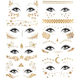 konsait 8 sheets face tattoo sticker metallic temporary transfer tattoo waterproof face jewels for women girls make up dancer costume parties, shimmer glitter gold tattoos,scale tears butterfly freckl