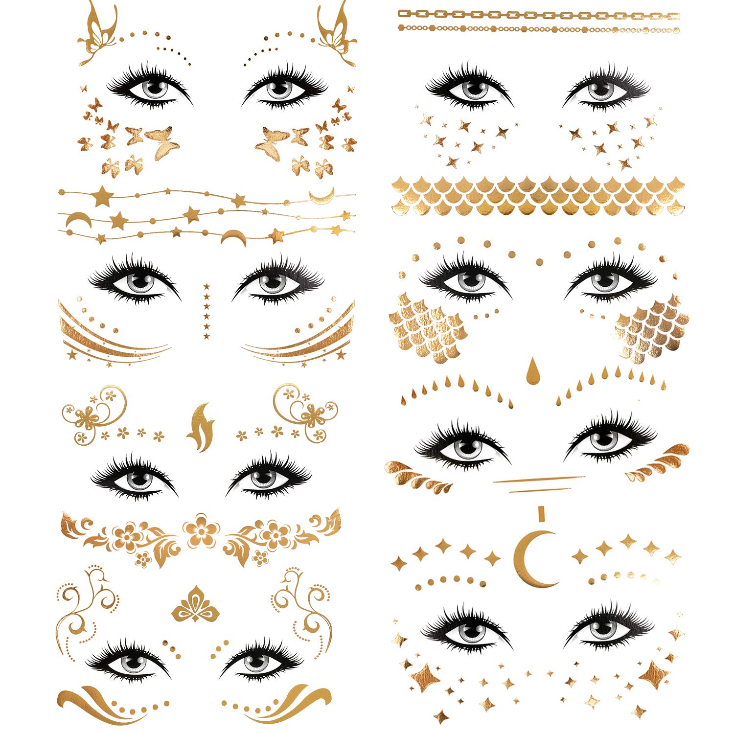 Konsait 8 Sheets Face Tattoo Sticker Metallic Temporary Transfer Tattoo Waterproof Face Jewels for Women Girls Make Up Dancer Costume Parties, Shimmer Glitter Gold Tattoos,Scale Tears Butterfly Freckl