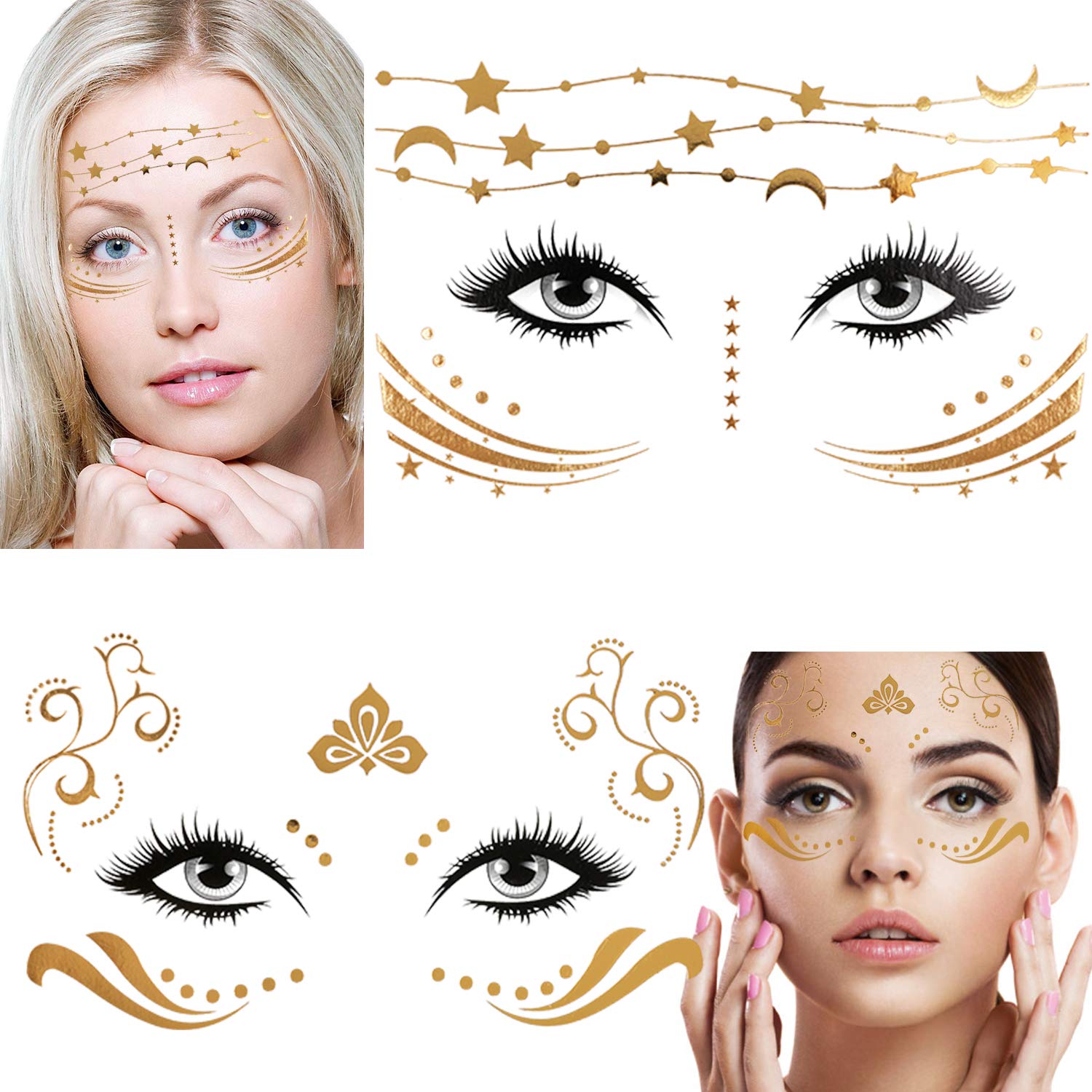 Konsait 8 Sheets Face Tattoo Sticker Metallic Temporary Transfer Tattoo Waterproof Face Jewels for Women Girls Make Up Dancer Costume Parties, Shimmer Glitter Gold Tattoos,Scale Tears Butterfly Freckl