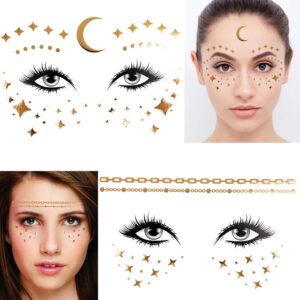 Konsait 8 Sheets Face Tattoo Sticker Metallic Temporary Transfer Tattoo Waterproof Face Jewels for Women Girls Make Up Dancer Costume Parties, Shimmer Glitter Gold Tattoos,Scale Tears Butterfly Freckl