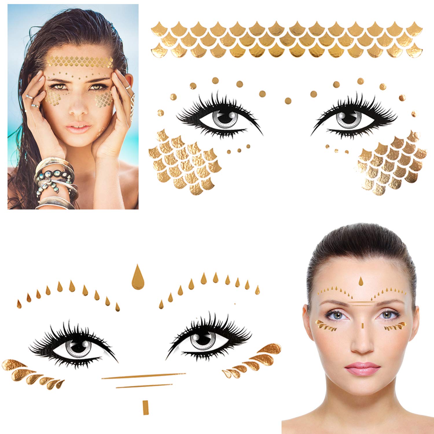 Konsait 8 Sheets Face Tattoo Sticker Metallic Temporary Transfer Tattoo Waterproof Face Jewels for Women Girls Make Up Dancer Costume Parties, Shimmer Glitter Gold Tattoos,Scale Tears Butterfly Freckl