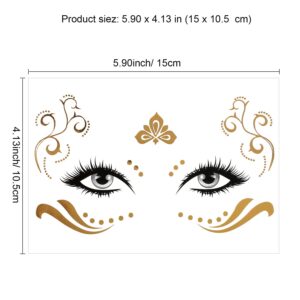 Konsait 8 Sheets Face Tattoo Sticker Metallic Temporary Transfer Tattoo Waterproof Face Jewels for Women Girls Make Up Dancer Costume Parties, Shimmer Glitter Gold Tattoos,Scale Tears Butterfly Freckl