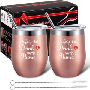 2 pack well-designed nurse coffee mug for women, safety 1st drink with a nurse, nurses week graduation birthday for nurse coworker, 12 oz nurse wine tumbler with lid, straw and brush (rose gold)