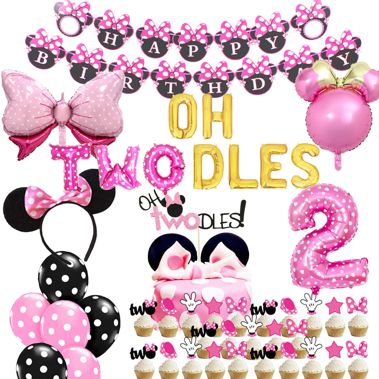 Oh Twodles Balloons Pink Mouse Second Birthday Cake Topper 2nd Mouse Banner Party Supplies Decorations Photo Prop for Girl Baby Bday