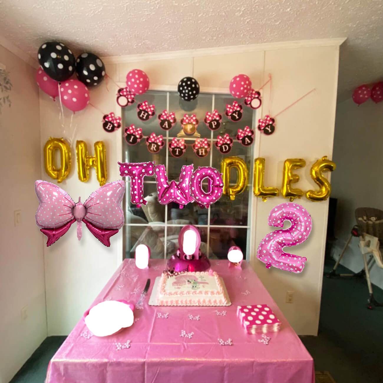 Oh Twodles Balloons Pink Mouse Second Birthday Cake Topper 2nd Mouse Banner Party Supplies Decorations Photo Prop for Girl Baby Bday