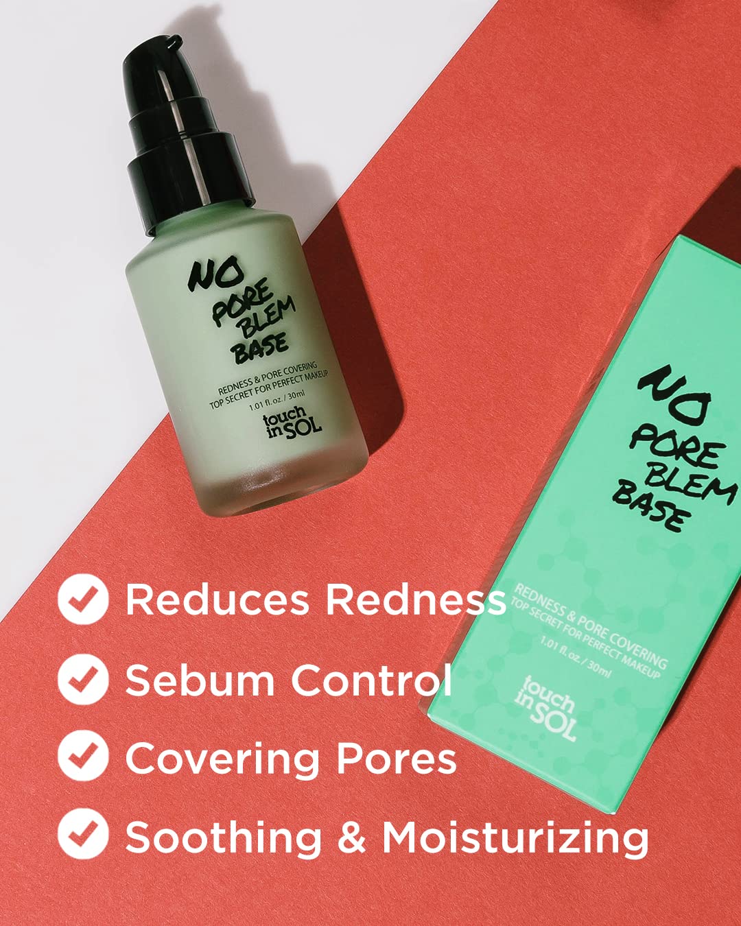 TOUCH IN SOL Redness Correcting Base Primer 1.01 fl.oz. - Pore Minimizing Green Toned Makeup Base - Tone Neutralizing before Foundation - Minimize Rosacea, Redness - No Pore Blem Primer Base