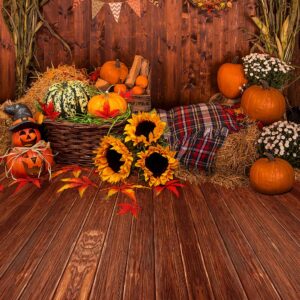 OUYIDA 5X7FT Fall Thanksgiving Wooden Floor Barn Autumn Pumpkins Maple Leaves Sunflower Baby Portrait Party Halloween Decoration Vinyl Photography Backdrop Photo Booth Background Studio Prop TP295