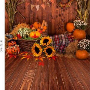 OUYIDA 5X7FT Fall Thanksgiving Wooden Floor Barn Autumn Pumpkins Maple Leaves Sunflower Baby Portrait Party Halloween Decoration Vinyl Photography Backdrop Photo Booth Background Studio Prop TP295