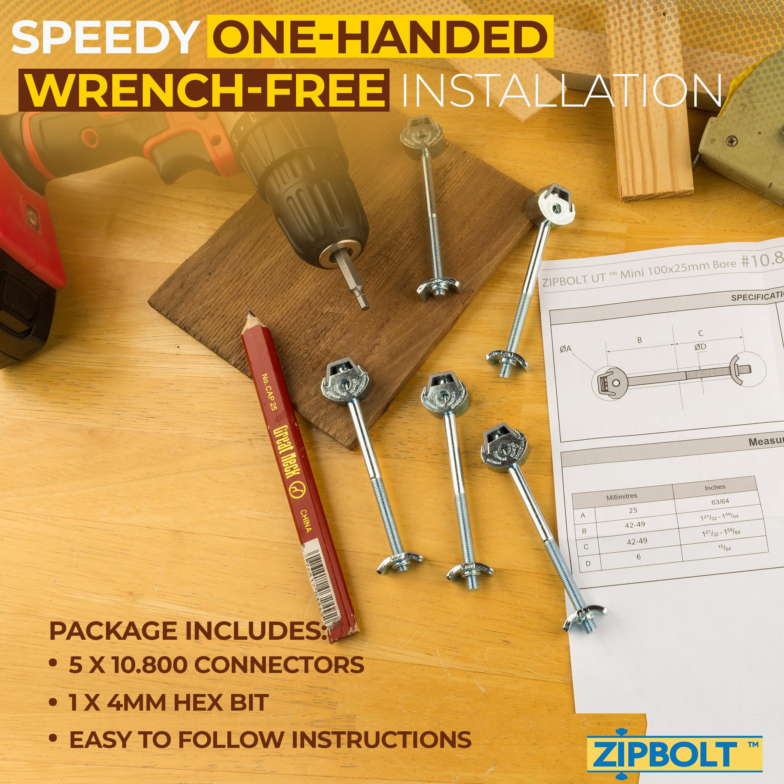 Zipbolt 10.800 Countertop Miter Connector — 5 Piece Joint Fastener Drawbolt Pack with 5mm Hex Bit for Joining Countertops, Butcher Blocks, Furniture, and More - Single-Handed Tightening