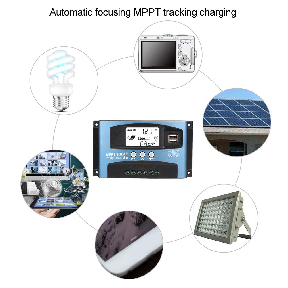 Charge Board Controller, MPPT 40/50/60/100A Solar Charge Controller Dual USB LCD Display 12V 24V (60A)