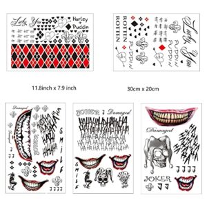 5 Large-size Sheets Halloween Temporary Tattoos Joker Tattoos, Fake Tattoo Stickers - Perfect for Halloween, Parties, Cosplay and Costumes (11.8 * 7.9 inch)