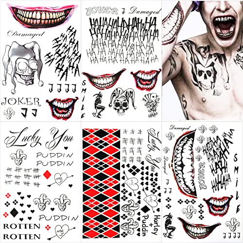 5 Large-size Sheets Halloween Temporary Tattoos Joker Tattoos, Fake Tattoo Stickers - Perfect for Halloween, Parties, Cosplay and Costumes (11.8 * 7.9 inch)