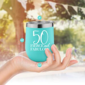 50th Birthday Funny Wine Gifts for Women, 12 oz Stainless Steel Wine Tumbler with Lid, Insulated Wine Glass for 50, Milestone Birthday Gift for Her, Presents for Turning Fifty and Fabulous, Travel Cup