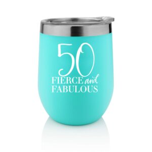 50th Birthday Funny Wine Gifts for Women, 12 oz Stainless Steel Wine Tumbler with Lid, Insulated Wine Glass for 50, Milestone Birthday Gift for Her, Presents for Turning Fifty and Fabulous, Travel Cup