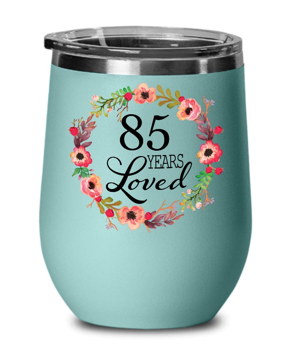 DesiDD 85 Years Loved Since 1934 Wine Tumbler - Happy 85th Birthday Gifts for 85 Year Old Women Wife Mom Nana Grandma Her Grandmother in Law - Wine Glass with Lid - Teal