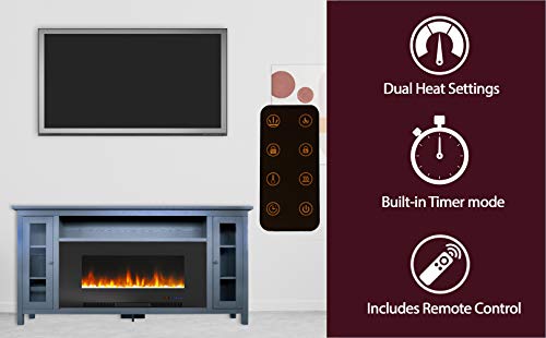 Cambridge Slate Blue Somerset 70 Electric Fireplace TV Stand with Multi-Color LED Flames, Crystal Rock Display, and Remote Control