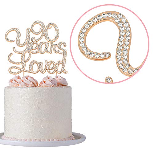 90 Cake Topper - Premium Rose Gold Metal - 90 Years Loved - 90th Birthday Party Sparkly Rhinestone Decoration Makes a Great Centerpiece - Now Protected in a Box