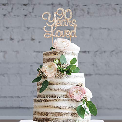 90 Cake Topper - Premium Rose Gold Metal - 90 Years Loved - 90th Birthday Party Sparkly Rhinestone Decoration Makes a Great Centerpiece - Now Protected in a Box