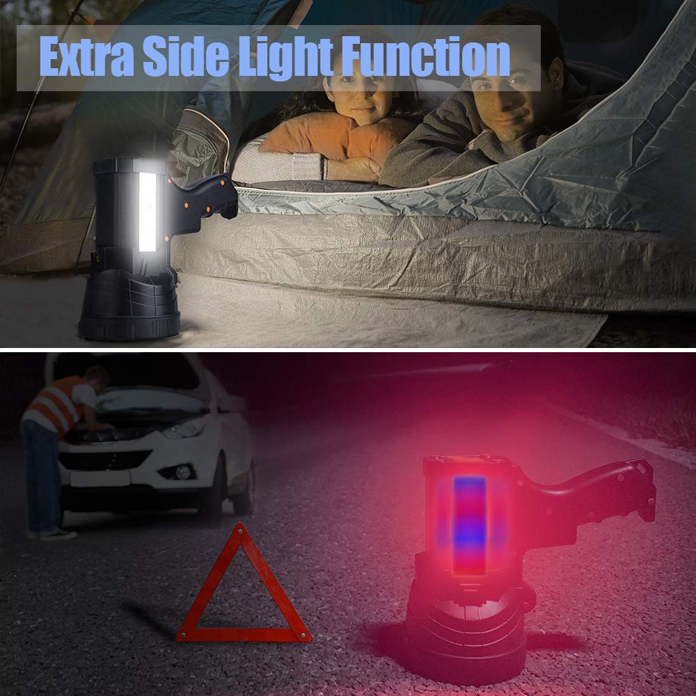 YIERBLUE Rechargeable Spotlight, Super Bright 1000,000 LM LED Flashlight Handheld Spotlight 10000mAh Long Lasting Large Flashlight Searchlight and Flood Camping Flashlight with Foldable Tripod Black