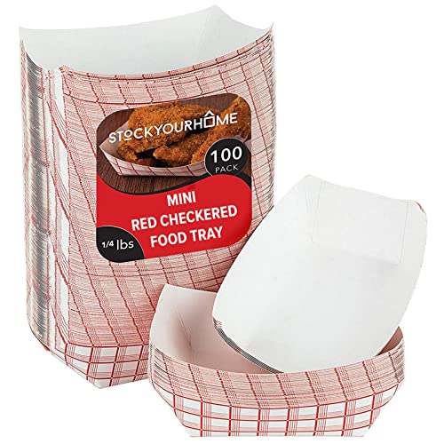 Mini Tiny Paper Food Boats (100 Pack) .25 Lb Disposable Red & White Checkered Paper Food Trays, Eco Friendly Paper Food Trays, Serving Boats for Concession Food & Condiments, Condiment Size 3" x 1"