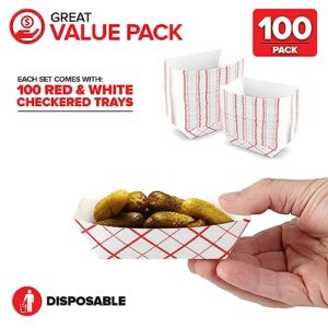 Mini Tiny Paper Food Boats (100 Pack) .25 Lb Disposable Red & White Checkered Paper Food Trays, Eco Friendly Paper Food Trays, Serving Boats for Concession Food & Condiments, Condiment Size 3" x 1"