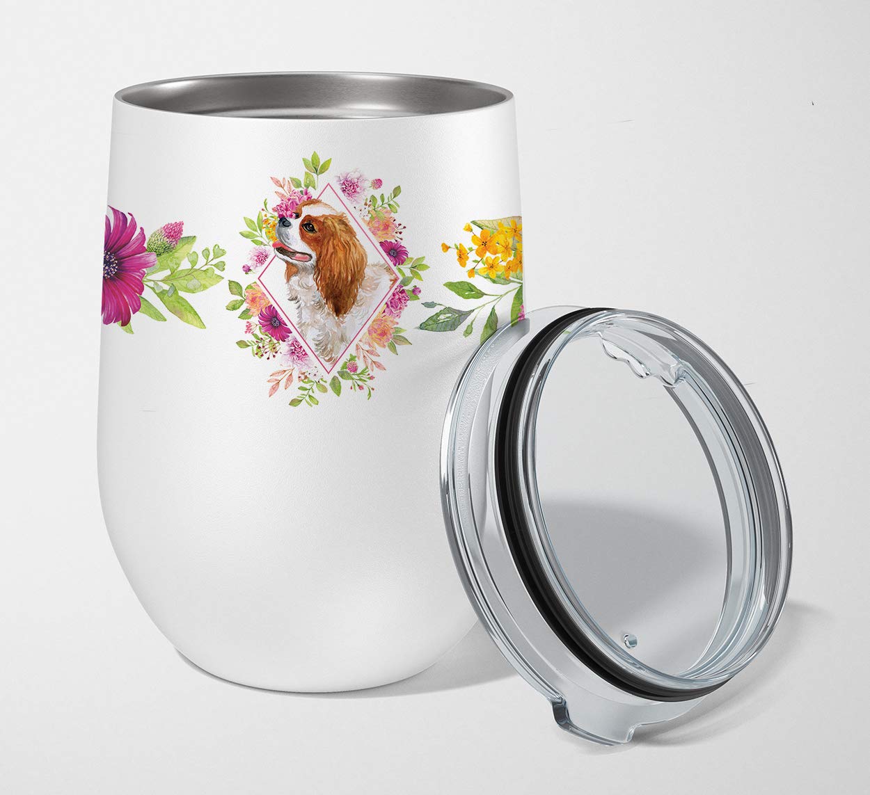 Caroline's Treasures CK4126TBL12 Cavalier King Charles Spaniel Pink Flowers Stainless Steel 12 oz Stemless Wine Glass Insulated Wine Tumbler with Lid, Cute Travel Cup for Coffee, Cocktails, Gift Women