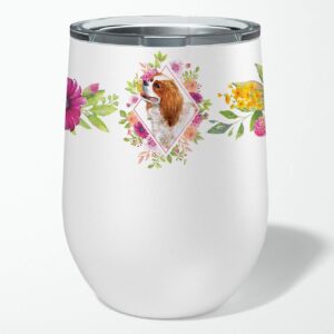 Caroline's Treasures CK4126TBL12 Cavalier King Charles Spaniel Pink Flowers Stainless Steel 12 oz Stemless Wine Glass Insulated Wine Tumbler with Lid, Cute Travel Cup for Coffee, Cocktails, Gift Women