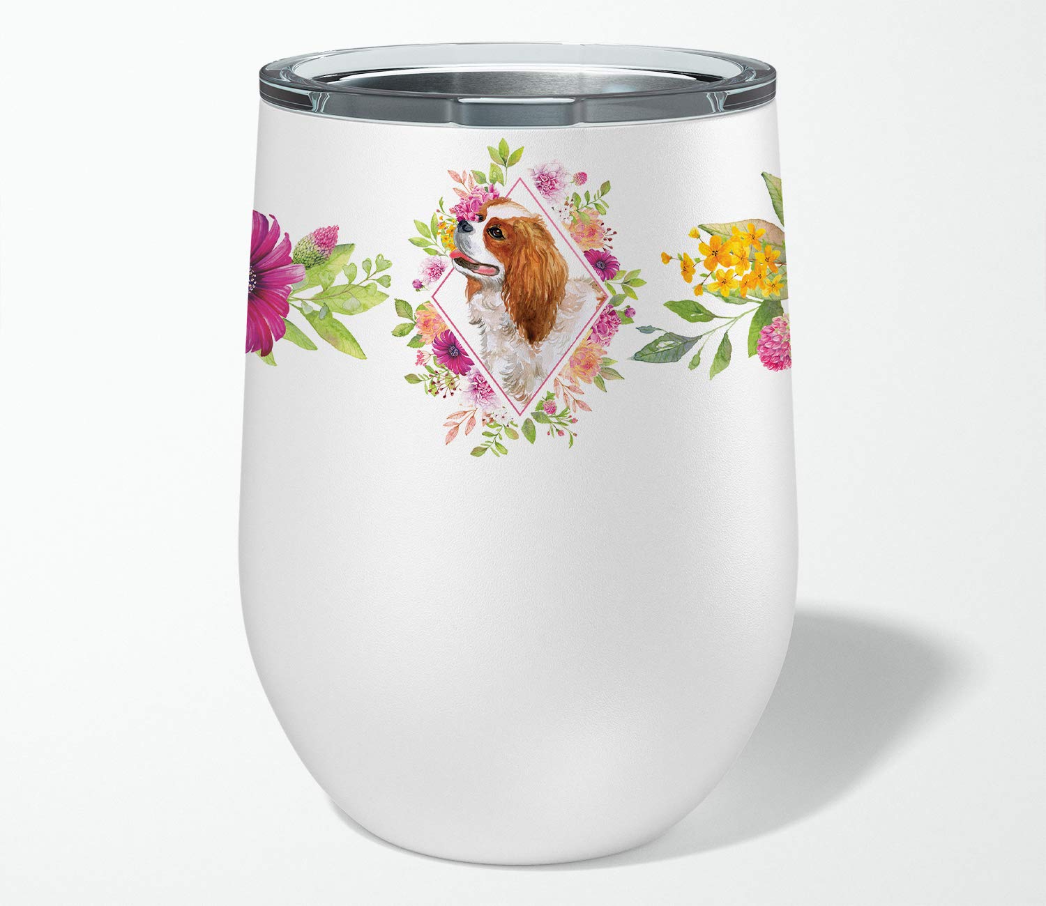 Caroline's Treasures CK4126TBL12 Cavalier King Charles Spaniel Pink Flowers Stainless Steel 12 oz Stemless Wine Glass Insulated Wine Tumbler with Lid, Cute Travel Cup for Coffee, Cocktails, Gift Women