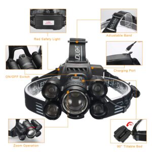 KJLAND Headlamp, 12000 Lumen Ultra Bright 5 LED Head Light, USB Rechargeable Waterproof Headlight Flashlight with Zoomable, 4 Modes Head Lamp for Outdoor Camping Hiking Fishing Hunting