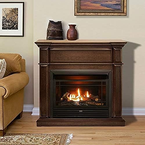 Duluth Forge Dual Fuel Ventless Gas Fireplace System with Mantle, Thermostat Control, 5 Fire Logs, Use with Natural Gas or Liquid Propane, 26000 BTU, Heats up to 1350 Sq. Ft., Gingerbread Finish