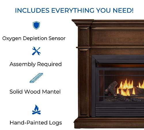 Duluth Forge Dual Fuel Ventless Gas Fireplace System with Mantle, Thermostat Control, 5 Fire Logs, Use with Natural Gas or Liquid Propane, 26000 BTU, Heats up to 1350 Sq. Ft., Gingerbread Finish