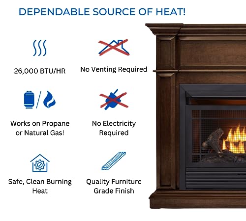 Duluth Forge Dual Fuel Ventless Gas Fireplace System with Mantle, Thermostat Control, 5 Fire Logs, Use with Natural Gas or Liquid Propane, 26000 BTU, Heats up to 1350 Sq. Ft., Gingerbread Finish