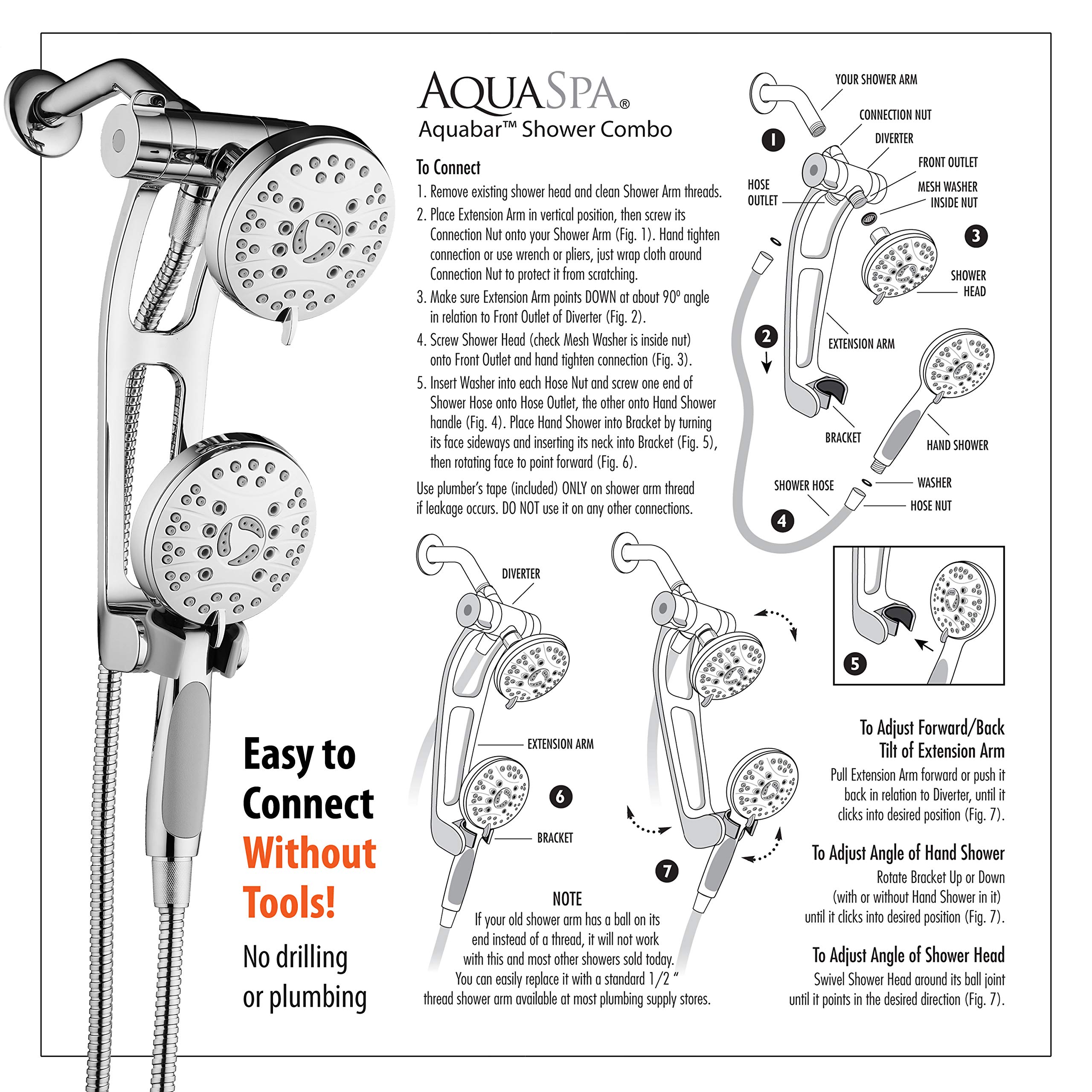 AquaSpa High Pressure 48-mode Luxury 3-way Combo with Adjustable Extension Arm – Dual Rain & Handheld Shower Head – Extra Long 6 Foot Stainless Steel Hose – All Chrome Finish – Top US Brand