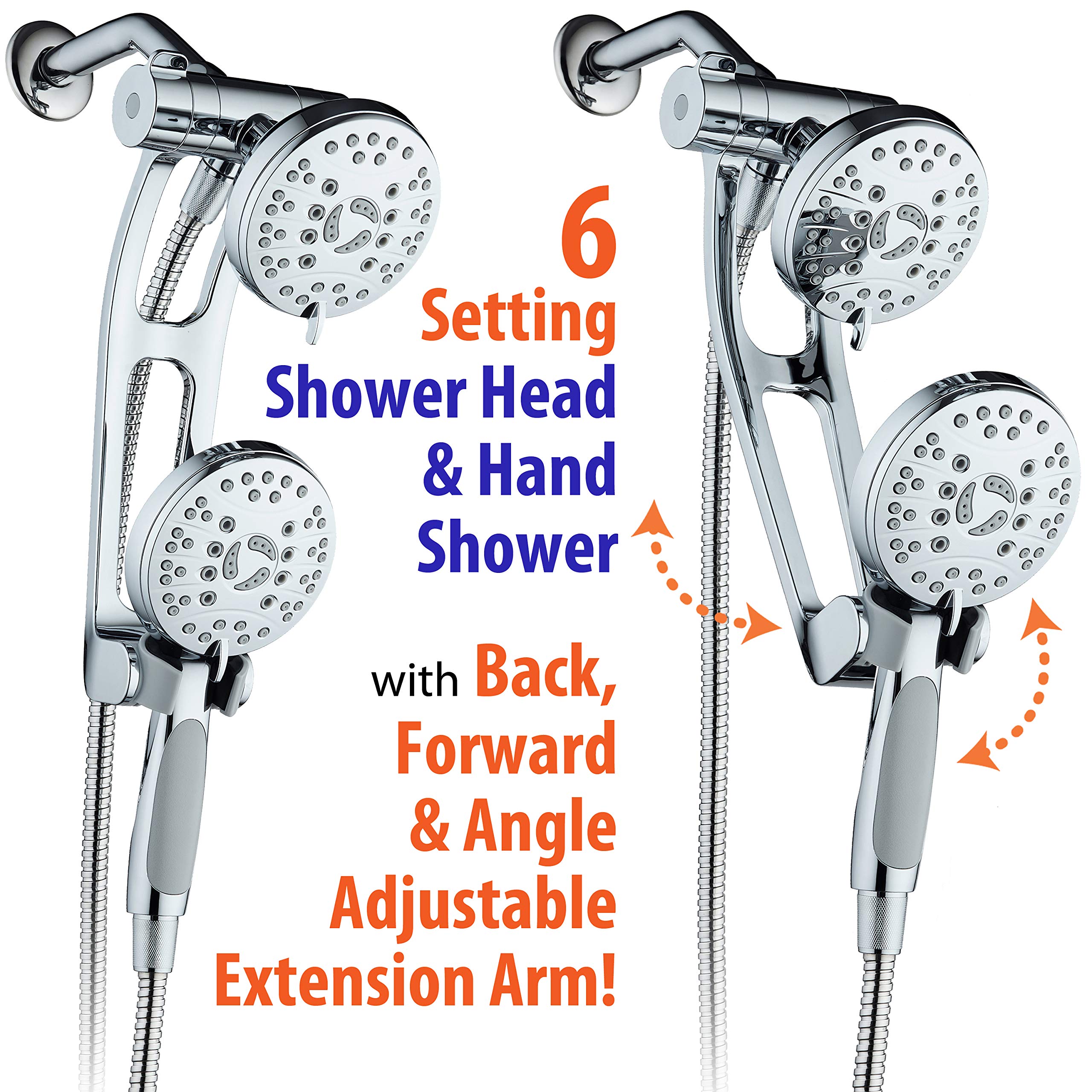 AquaSpa High Pressure 48-mode Luxury 3-way Combo with Adjustable Extension Arm – Dual Rain & Handheld Shower Head – Extra Long 6 Foot Stainless Steel Hose – All Chrome Finish – Top US Brand