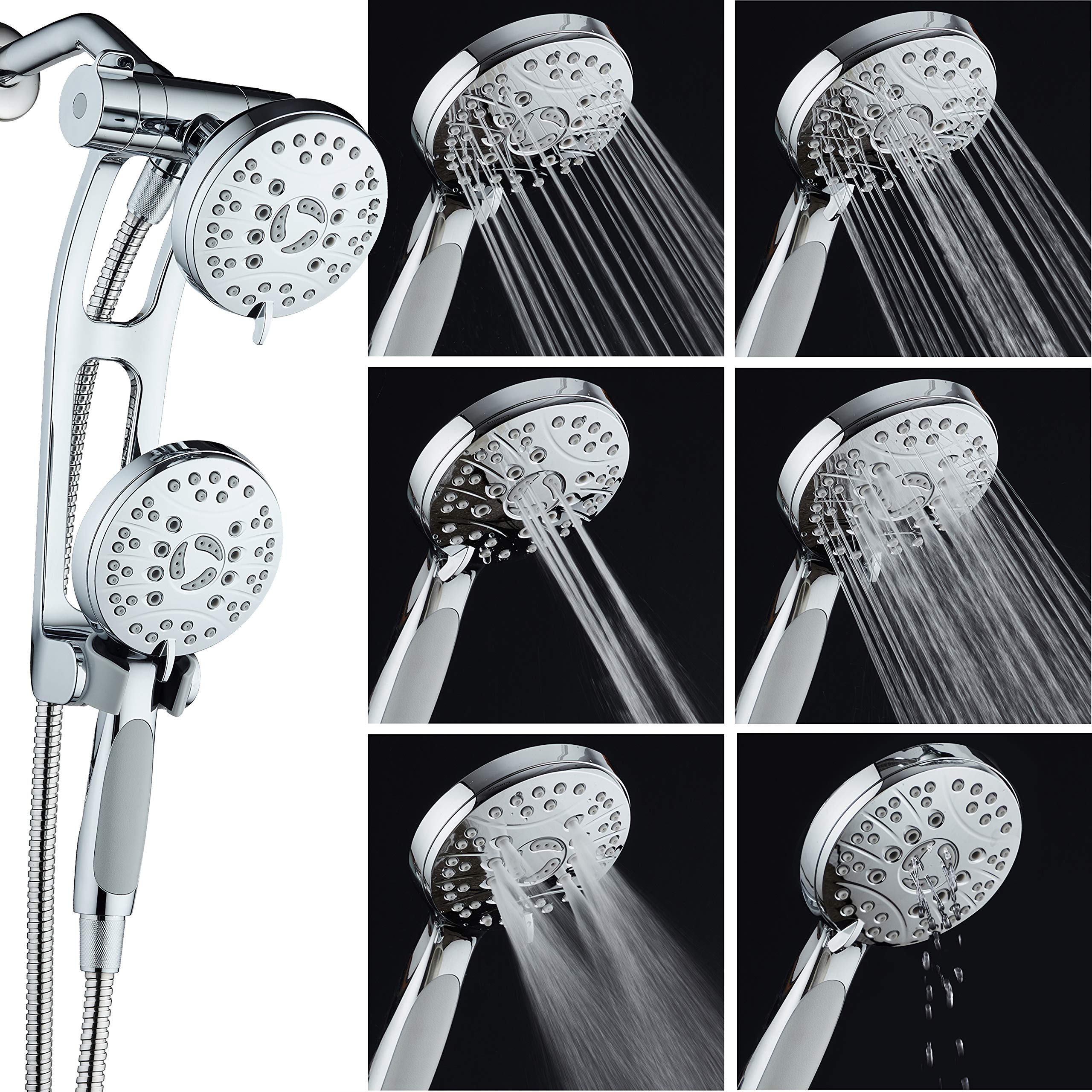 AquaSpa High Pressure 48-mode Luxury 3-way Combo with Adjustable Extension Arm – Dual Rain & Handheld Shower Head – Extra Long 6 Foot Stainless Steel Hose – All Chrome Finish – Top US Brand