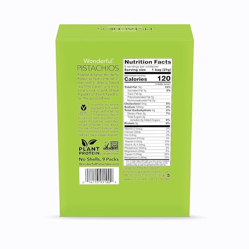 Wonderful Pistachios No Shells, Roasted & Salted Nuts, 0.75 Ounce Bags (Pack of 9), Protein Snack, Carb-Friendly, Gluten Free, On-the-go, Individually Wrapped Snack